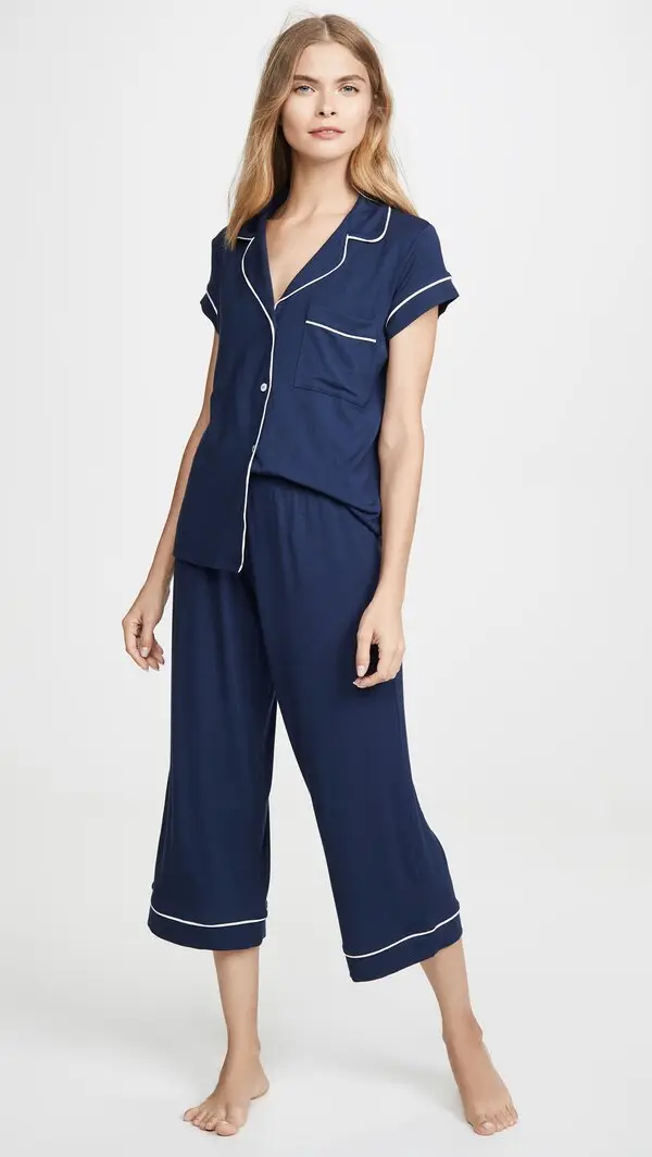 Eberjey Gisele Short Sleeve Crop Pajama Set - Navy/ivory