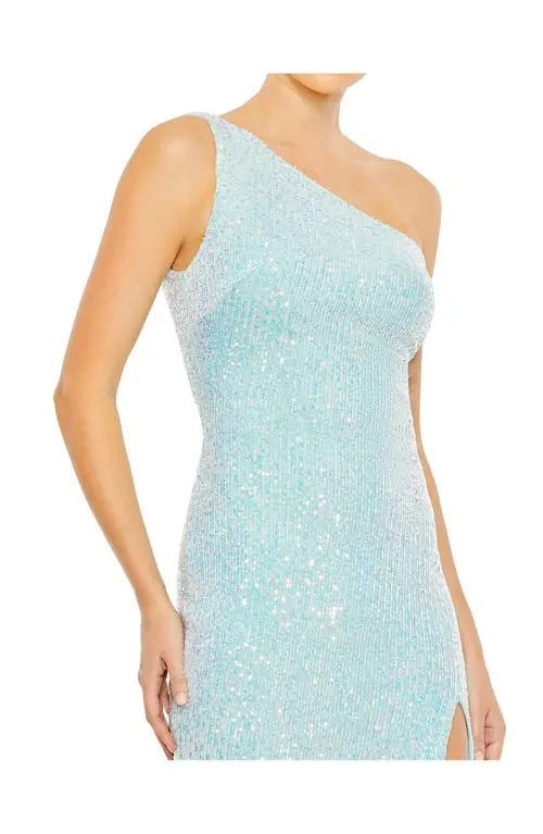 Mac Duggal Sequined One-shoulder Gown With Draped Back - Ice Blue