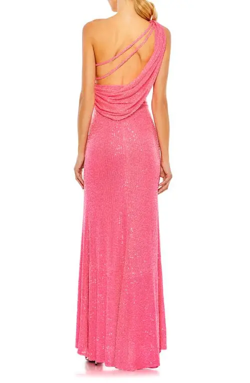 Mac Duggal Sequined One-shoulder Gown With Draped Back - Pink