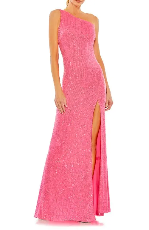 Mac Duggal Sequined One-shoulder Gown With Draped Back - Pink