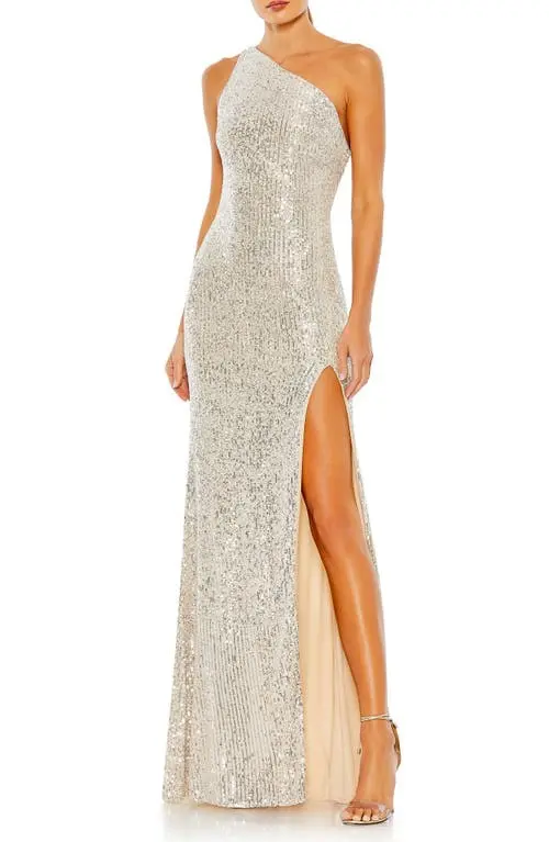 Mac Duggal Sequined One-shoulder Gown With Draped Back - Silver