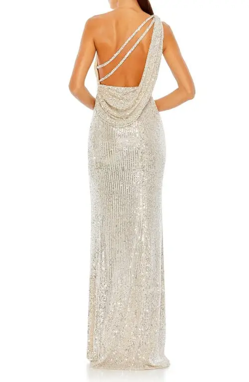 Mac Duggal Sequined One-shoulder Gown With Draped Back - Silver