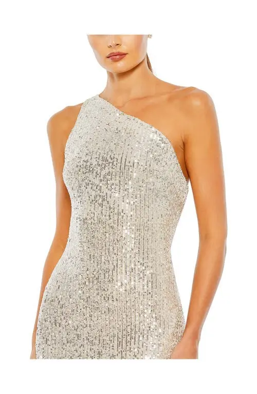 Mac Duggal Sequined One-shoulder Gown With Draped Back - Silver