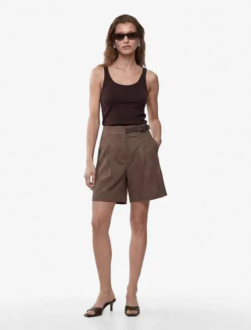 Koton Pleated Linen Bermuda Shorts With Half Belted - Brown