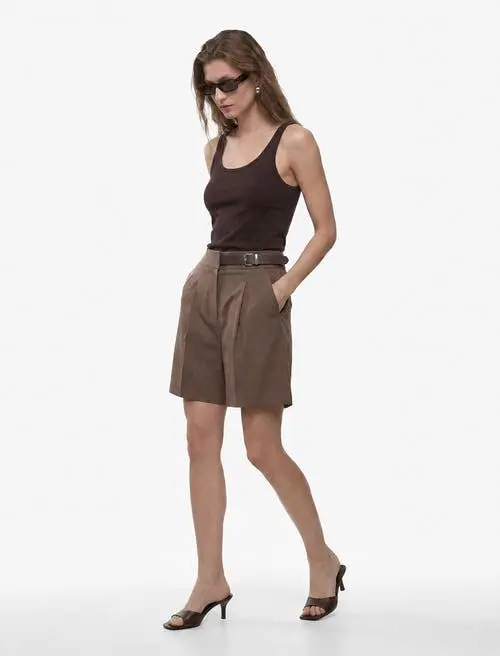 Koton Pleated Linen Bermuda Shorts With Half Belted
