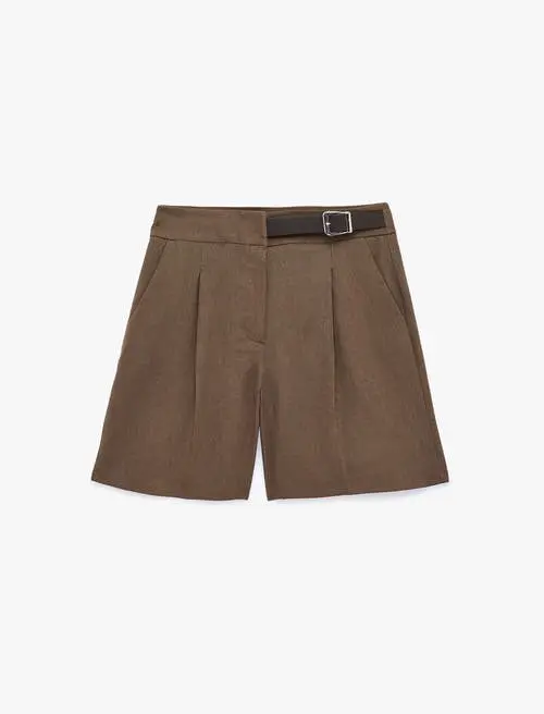 Koton Pleated Linen Bermuda Shorts With Half Belted