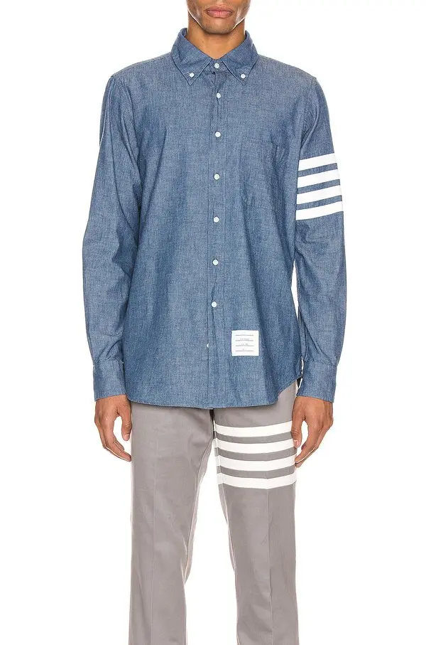 Thom Browne Bar Chambray Shirt In Grey - Blue