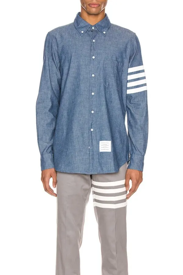 Thom Browne Straight Fit Button Down Long Sleeve Shirt In Denim-medium - Blue
