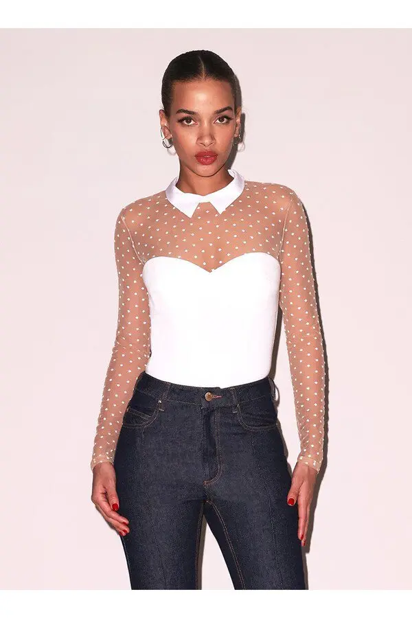 FLEUR DU MAL Collared Bodysuit With Dotted Tulle - Neutral