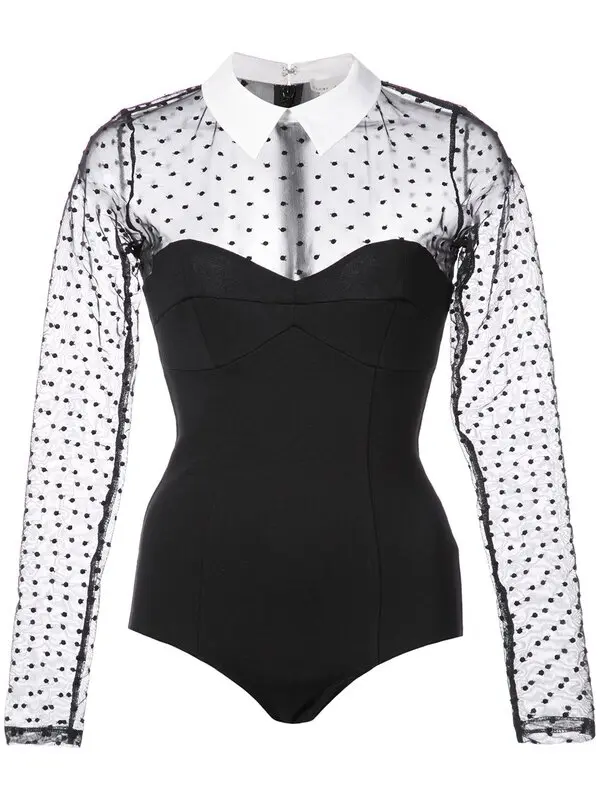 FLEUR DU MAL Dotted Tulle Collared Bodysuit - Black