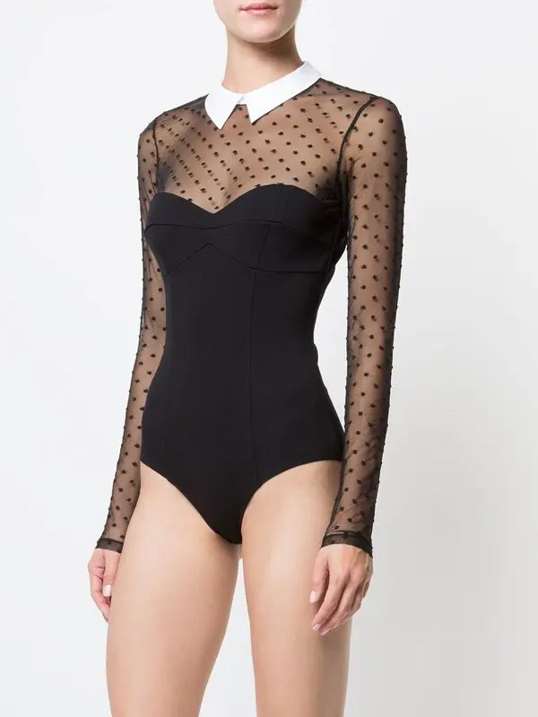 FLEUR DU MAL Dotted Tulle Collared Bodysuit - Black