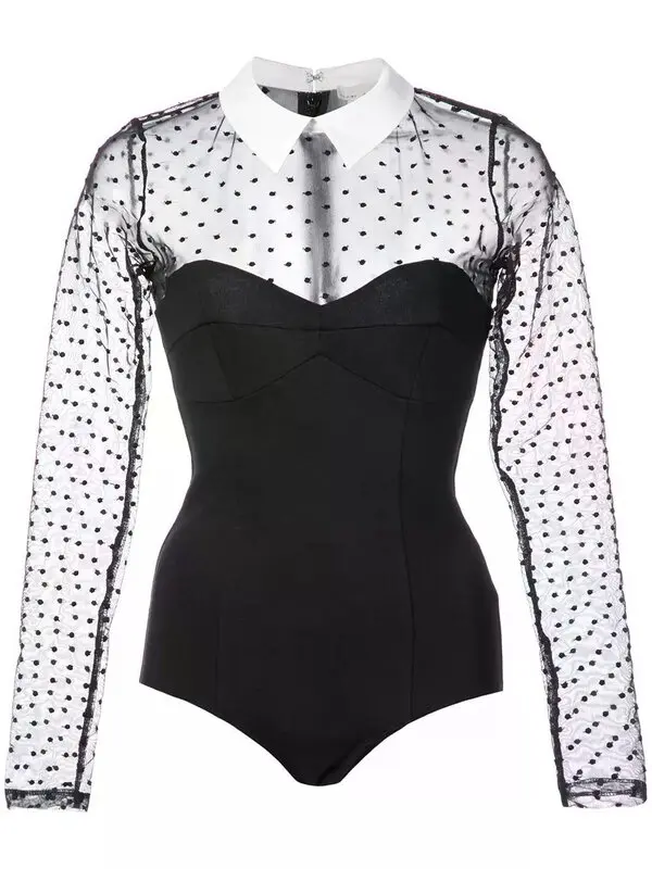 FLEUR DU MAL Dotted Tulle Collared Bodysuit - Black