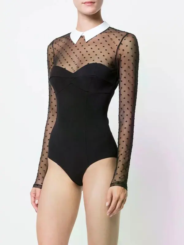 FLEUR DU MAL Dotted Tulle Collared Bodysuit - Black