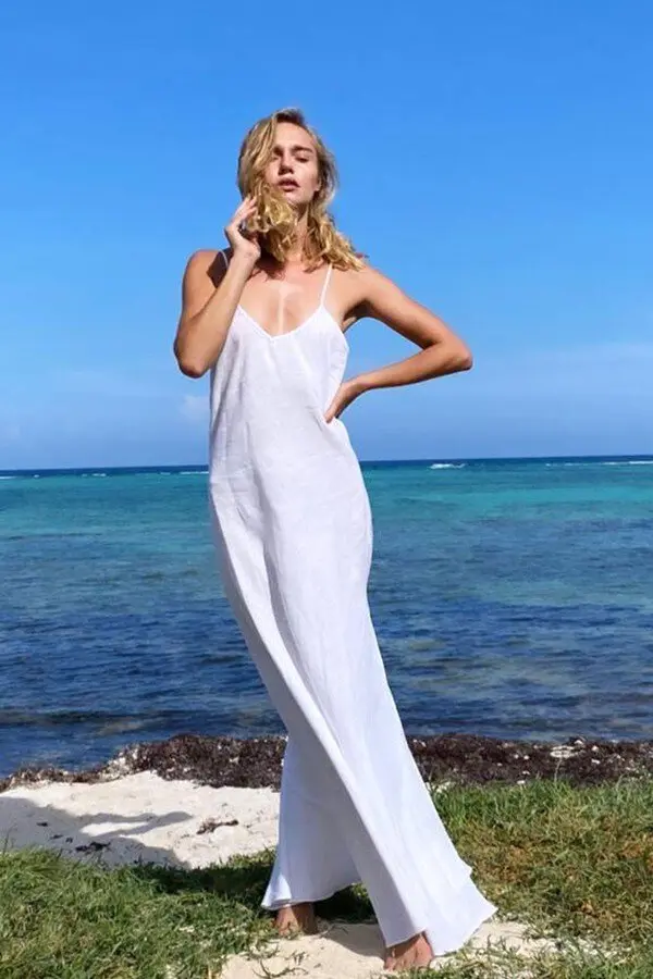 white linen slip dress MUSE  Contrast Trim Maxi Dress The slip dress also features adjustable straps LINEN SLIP DRESS - LINED
