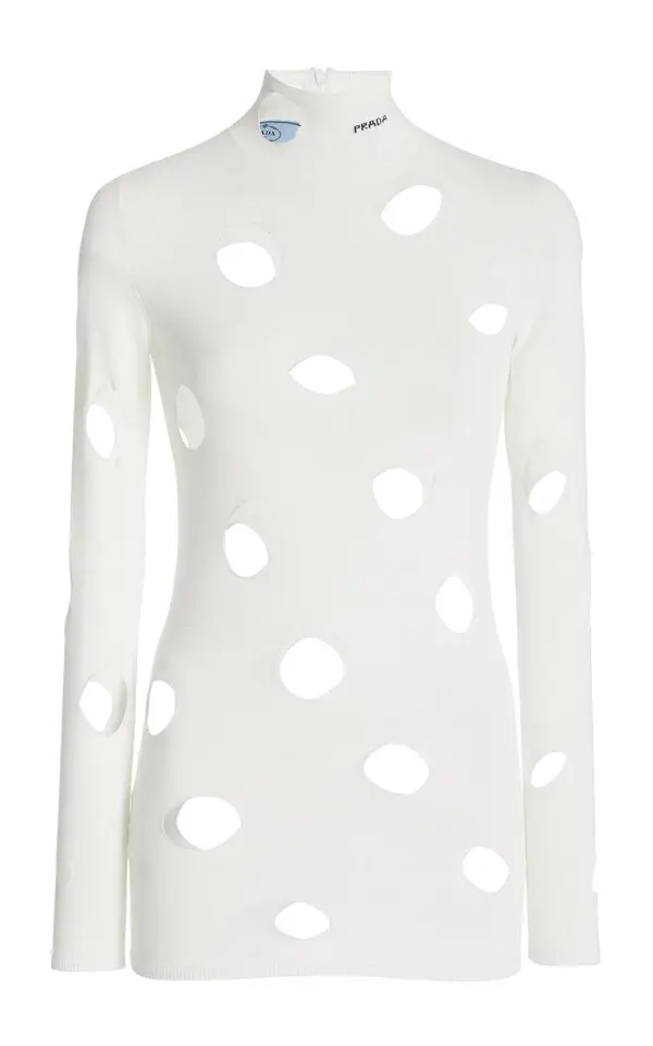 Prada Distressed Jersey Turtleneck Top - White