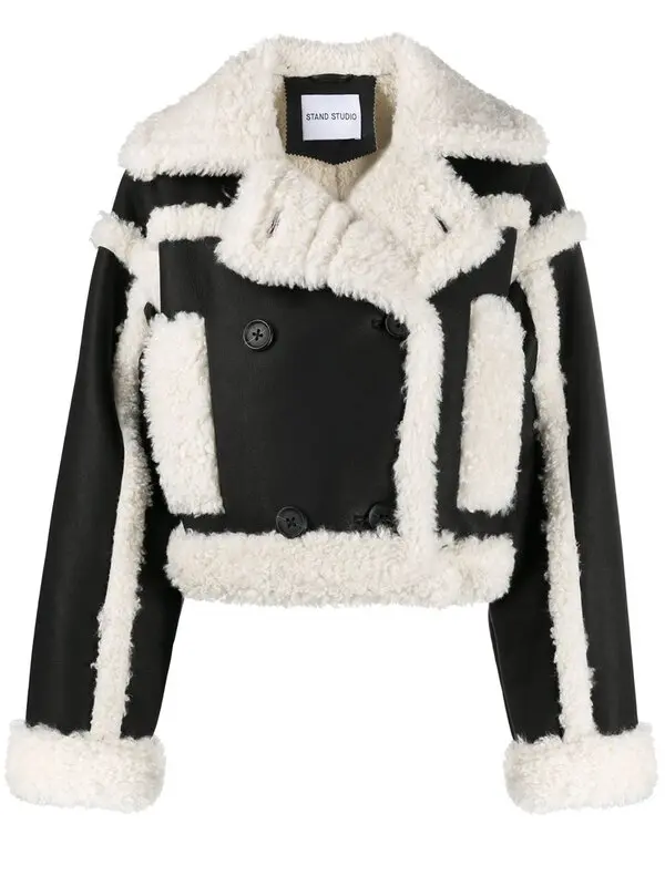 STAND STUDIO Shearling Trim Crop Jacket - Black