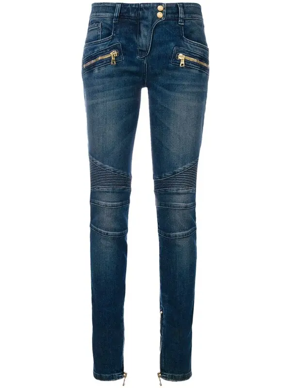 Balmain Stonewashed Denim Biker Jeans