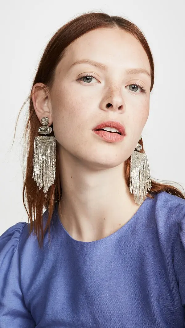 Deepa Gurnani Crystal Bar Fringe Earrings - Silver