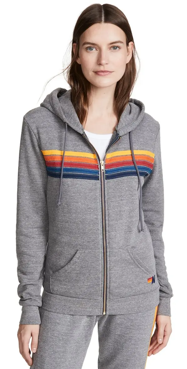Aviator Nation Striped Zip-up Hoodie - Heather Grey
