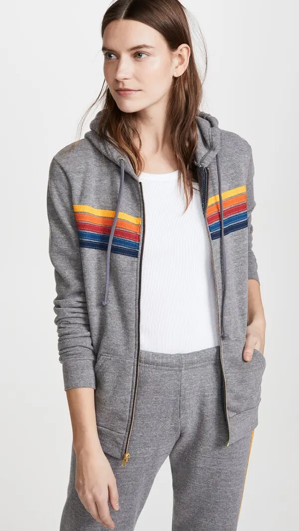Aviator Nation Striped Zip-up Hoodie - Heather Grey