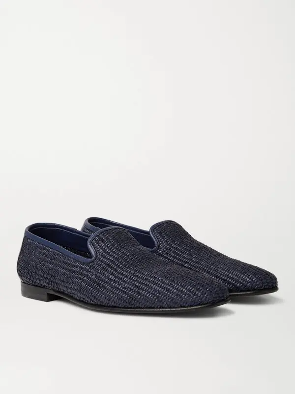 Manolo Blahnik Mario Leather-trimmed Raffia Loafers - Blue