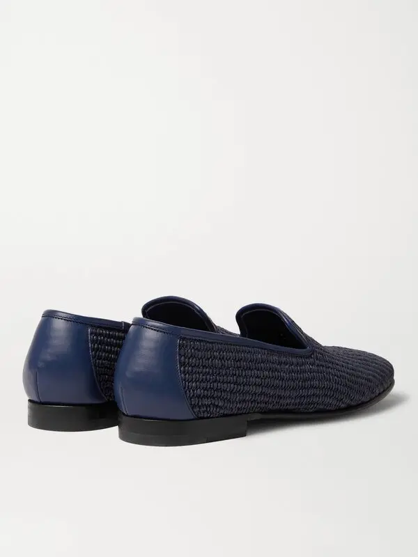 Manolo Blahnik Mario Leather-trimmed Raffia Loafers - Blue