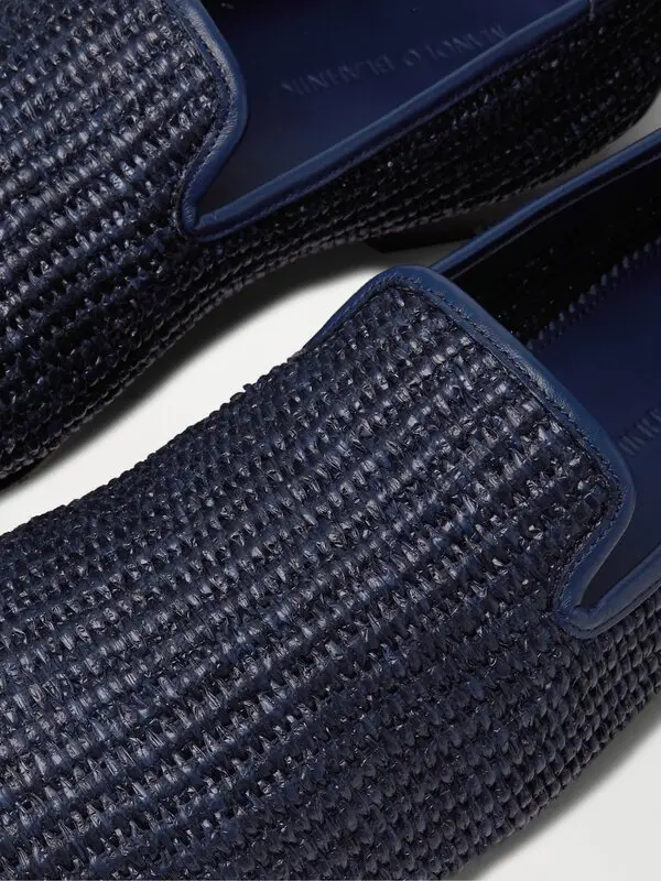 Manolo Blahnik Mario Leather-trimmed Raffia Loafers - Blue
