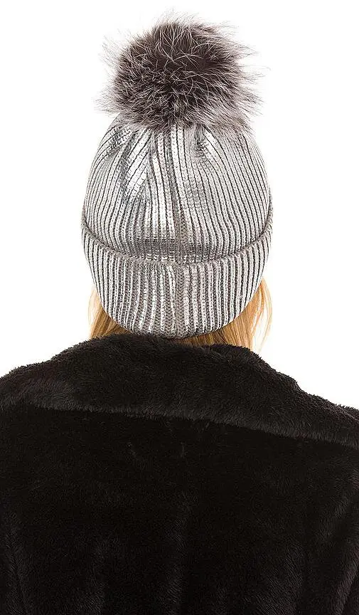 Adrienne Landau Metallic Beanie With Faux Fur Pom - Silver  display picture 1