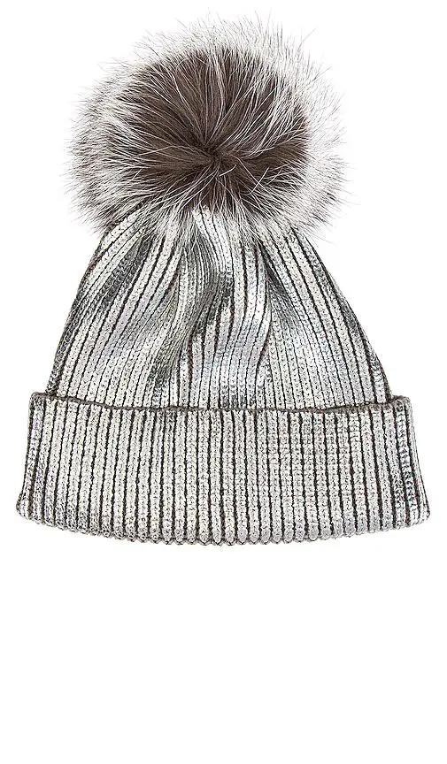 Adrienne Landau Metallic Ribbed Beanie W/ Fox Fur Pompom  display picture 2