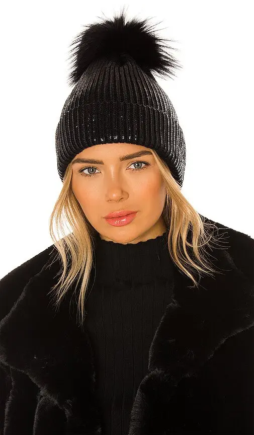 Adrienne Landau Metallic Pom Hat - Jet Black