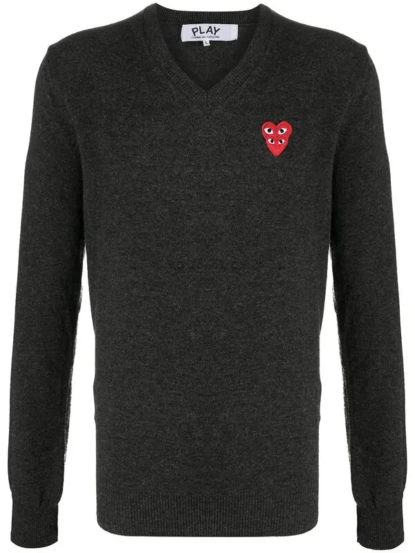 Play Comme Des Garcon Embroidered Double Heart Patch Jumper - Grey