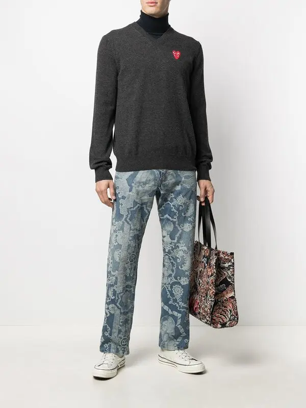 Play Comme Des Garcon Embroidered Double Heart Patch Jumper - Grey