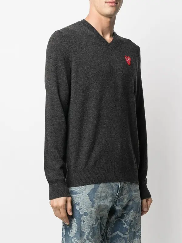 Play Comme Des Garcon Embroidered Double Heart Patch Jumper - Grey