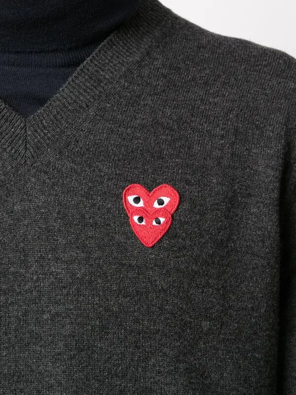 Play Comme Des Garcon Embroidered Double Heart Patch Jumper - Grey