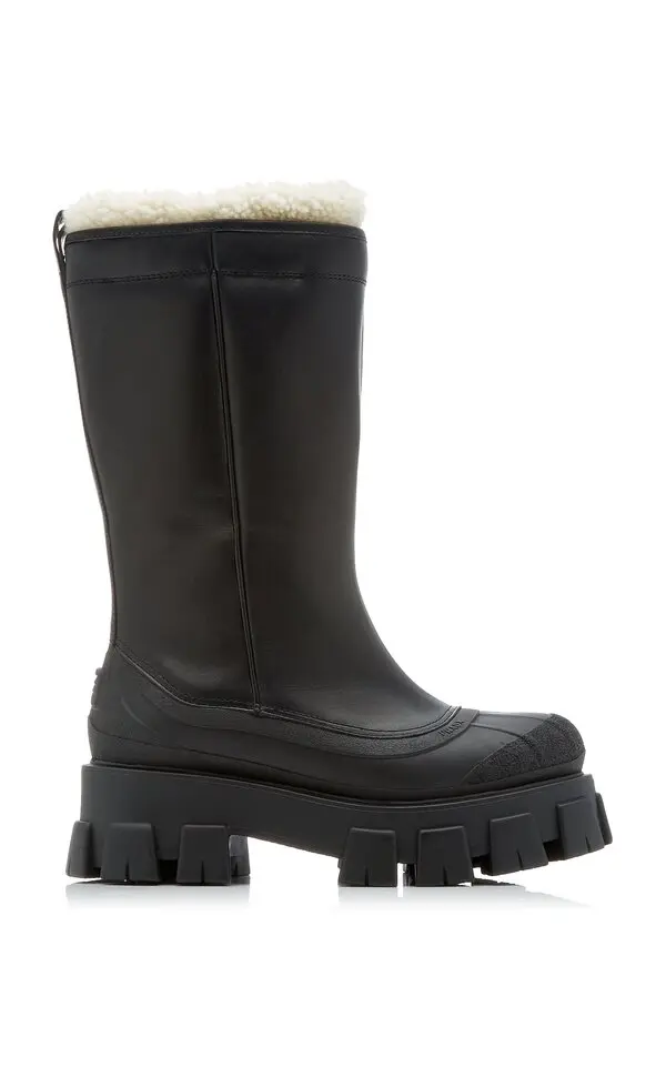 Prada Monolith Shearling-trimmed Leather Boots