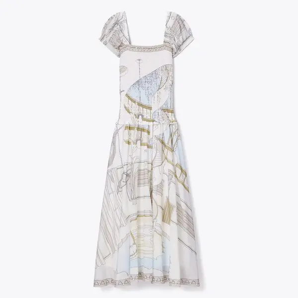 Tory Burch Printed Smocked Tiered Maxi Dress - Neutral Pool