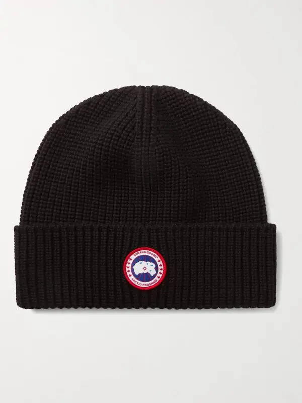 Canada Goose Logo Ribbed Merino Wool Beanie - Black