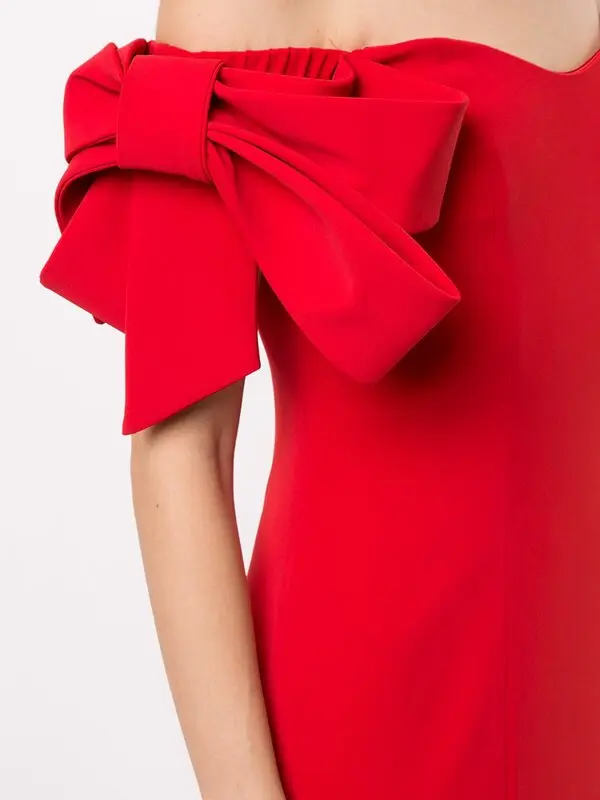 badgley mischka red off shoulder ruffle dress Red Off-the-Shoulder Ruffle Gown