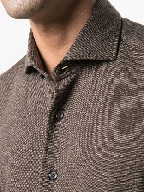 ORIAN Spread Collar Piqué Shirt - Brown