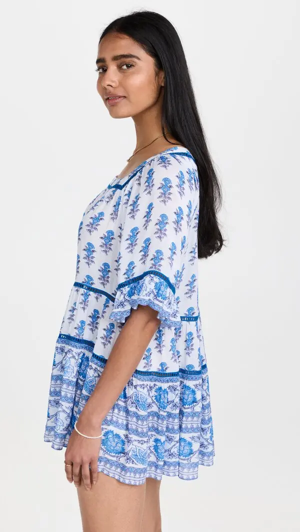 Playa Lucila Drop Waist Floral Print Dress - Blue Border Print