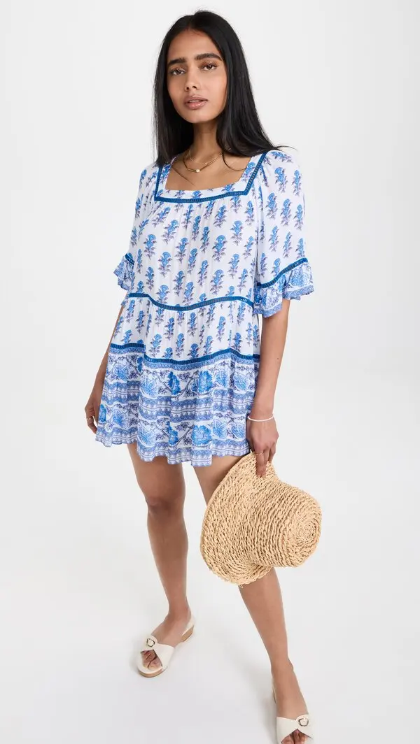 Playa Lucila Drop Waist Floral Print Dress - Blue Border Print