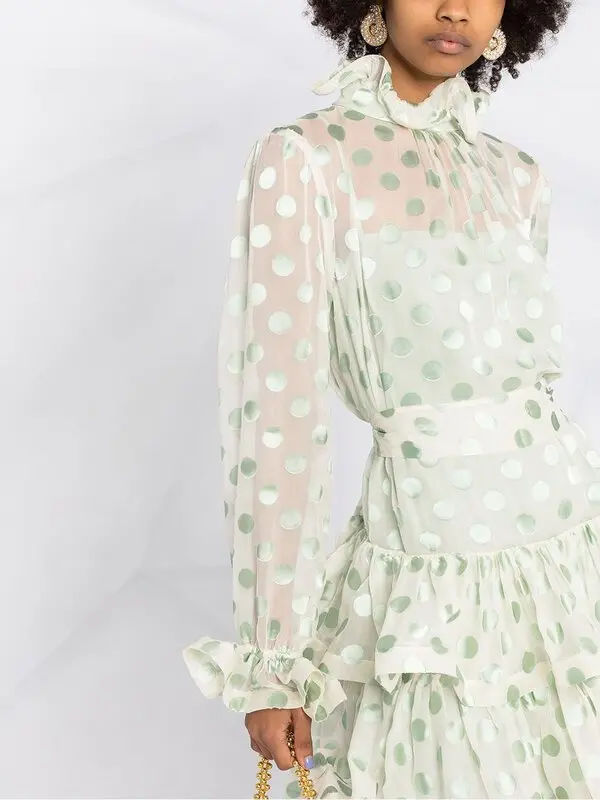 slim fit dress slacks 1990s Oscar de la Renta Green & White Silk Polka Dot Dress