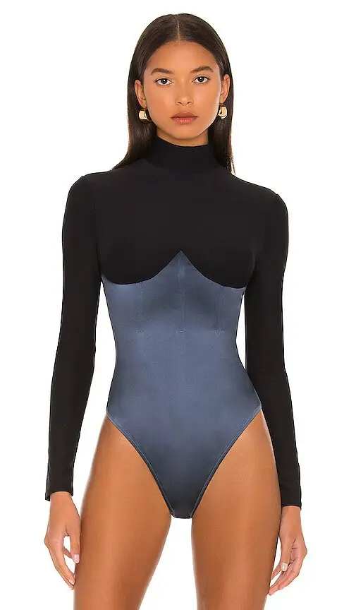 FLEUR DU MAL Mock Neck Long Sleeve Bodysuit - Black & Deep Slate