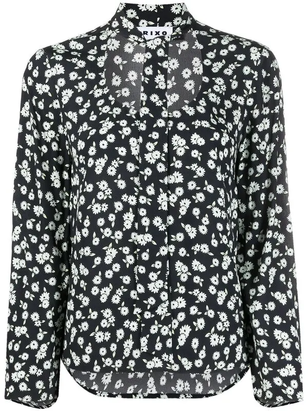 Rixo Josie Daisy Print Tie-neck Blouse