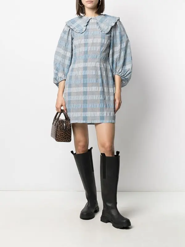 Ganni Seersucker Check Mini Dress In Blue - 20% Off | Editorialist