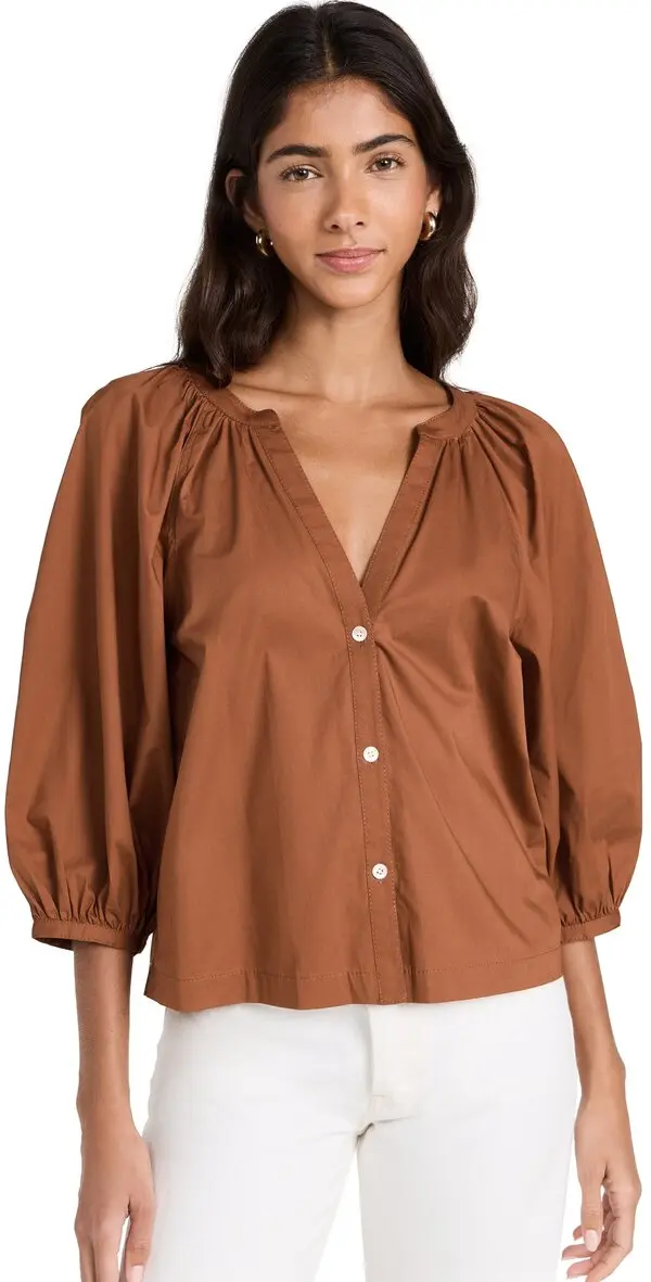 Staud Gathered Puff-sleeve Button-down Top - Tan