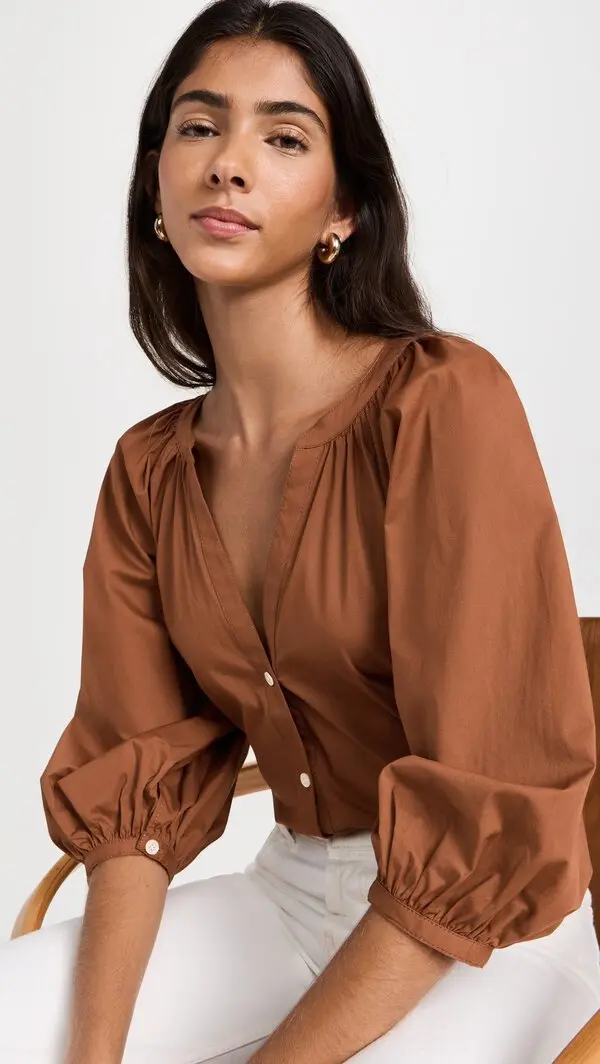 Staud Gathered Puff-sleeve Button-down Top - Tan