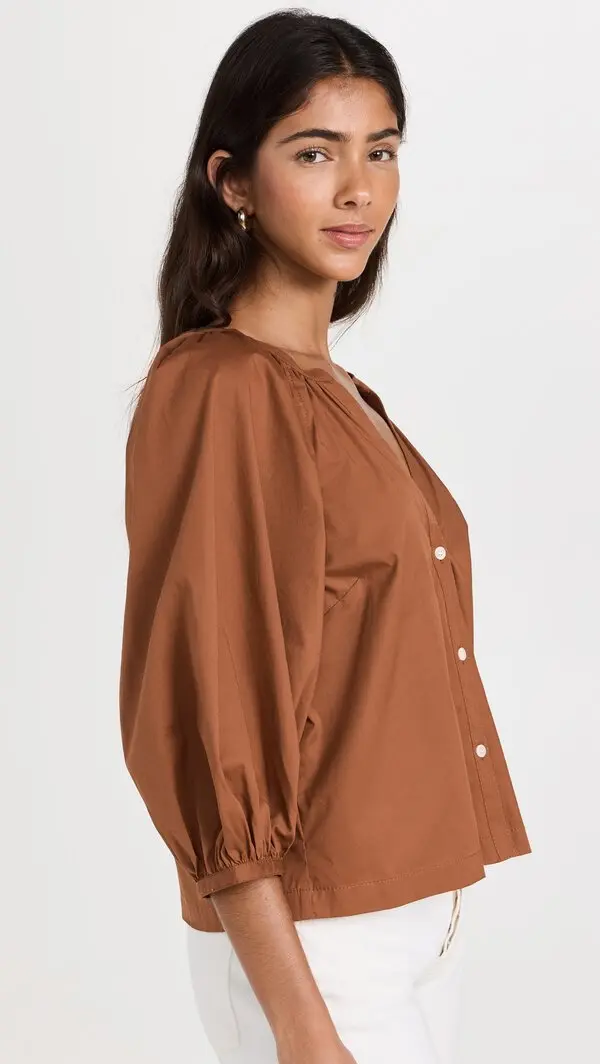 Staud Gathered Puff-sleeve Button-down Top - Tan