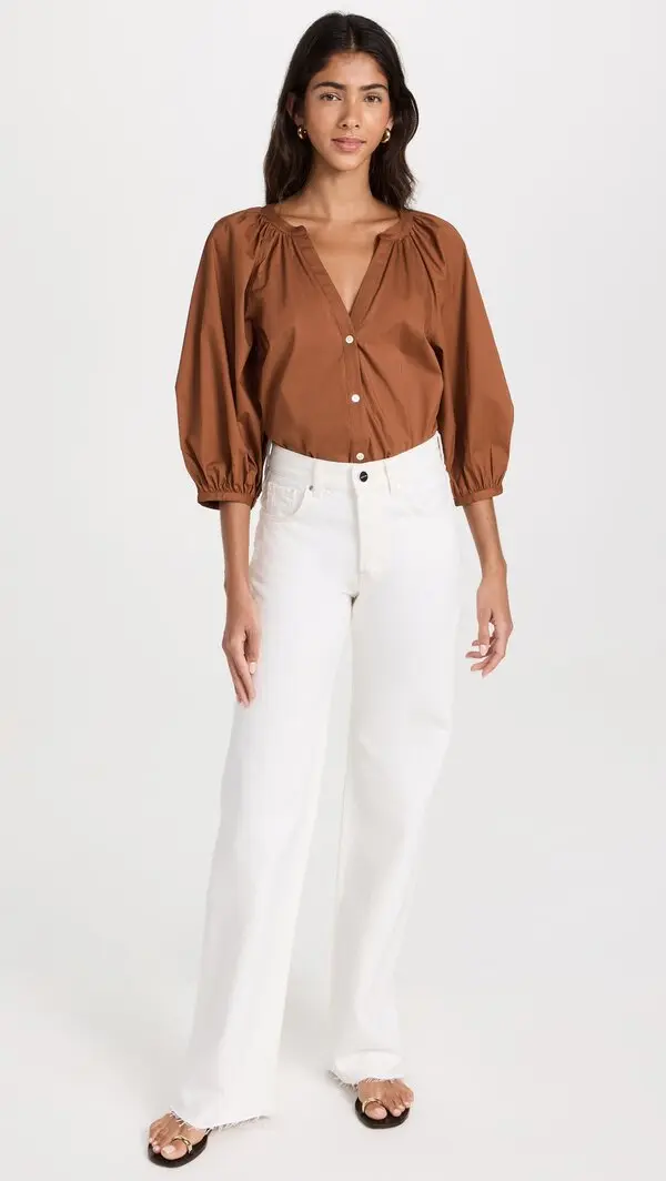 Staud Gathered Puff-sleeve Button-down Top - Tan