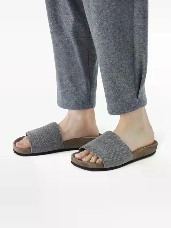 Brunello Cucinelli Monili-embroidered Band Slides - Silver